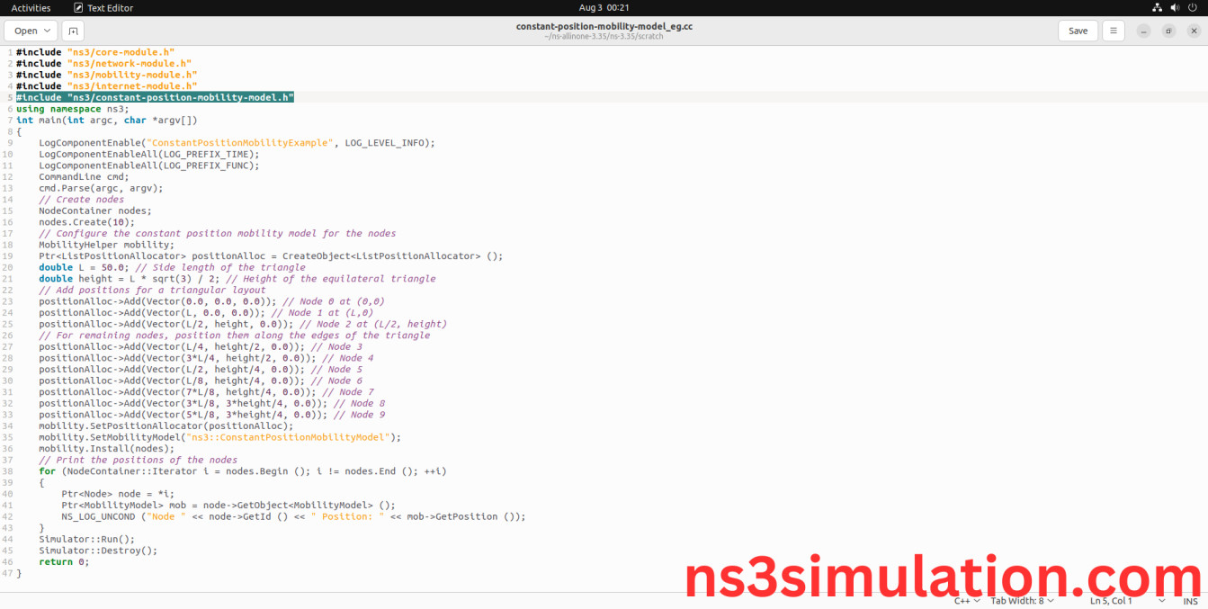 How to run Constant position mobility model.h packages in NS3