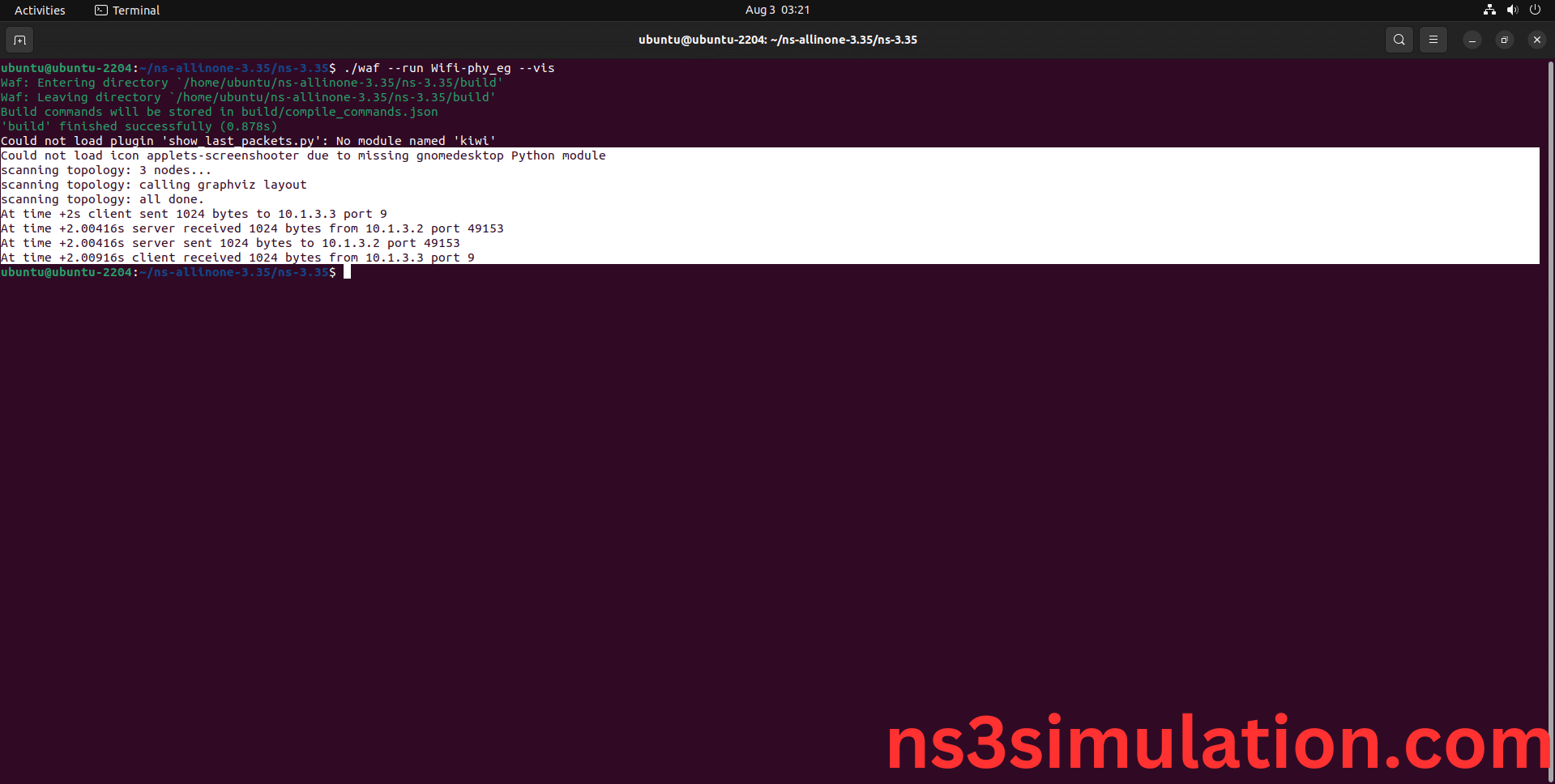 Executing The Example Wifi Phy Program Ns3 Projects