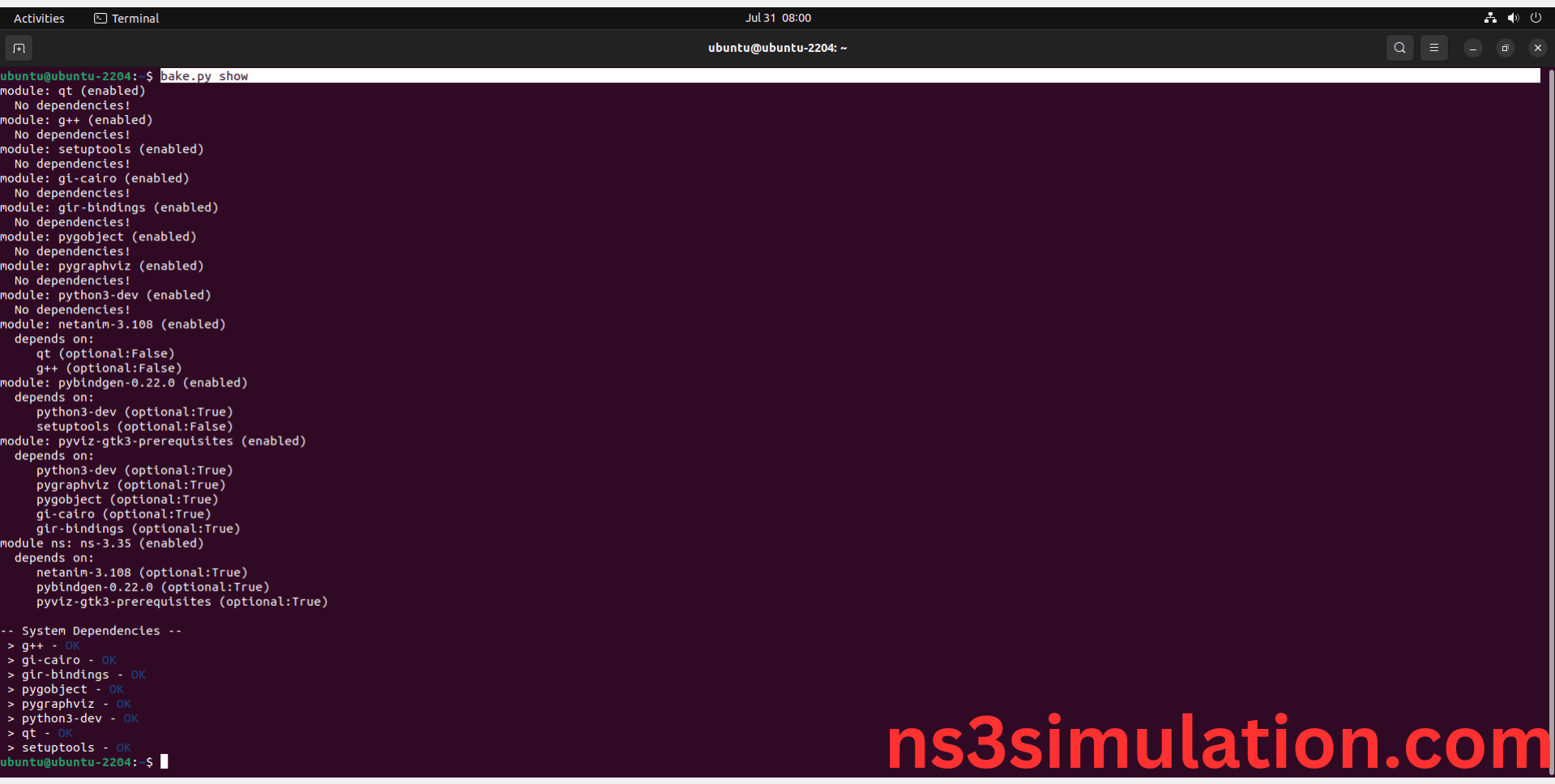 Show the Configuration of ns 3.35 using Bake - Ns3 Projects