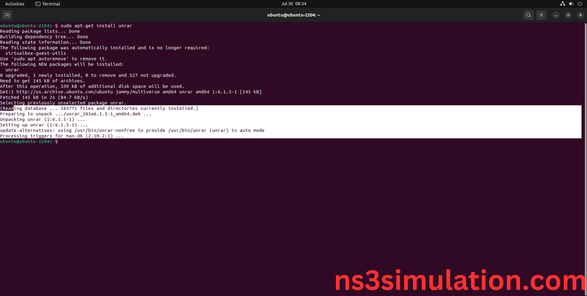 How to run UNRAR packages in NS3